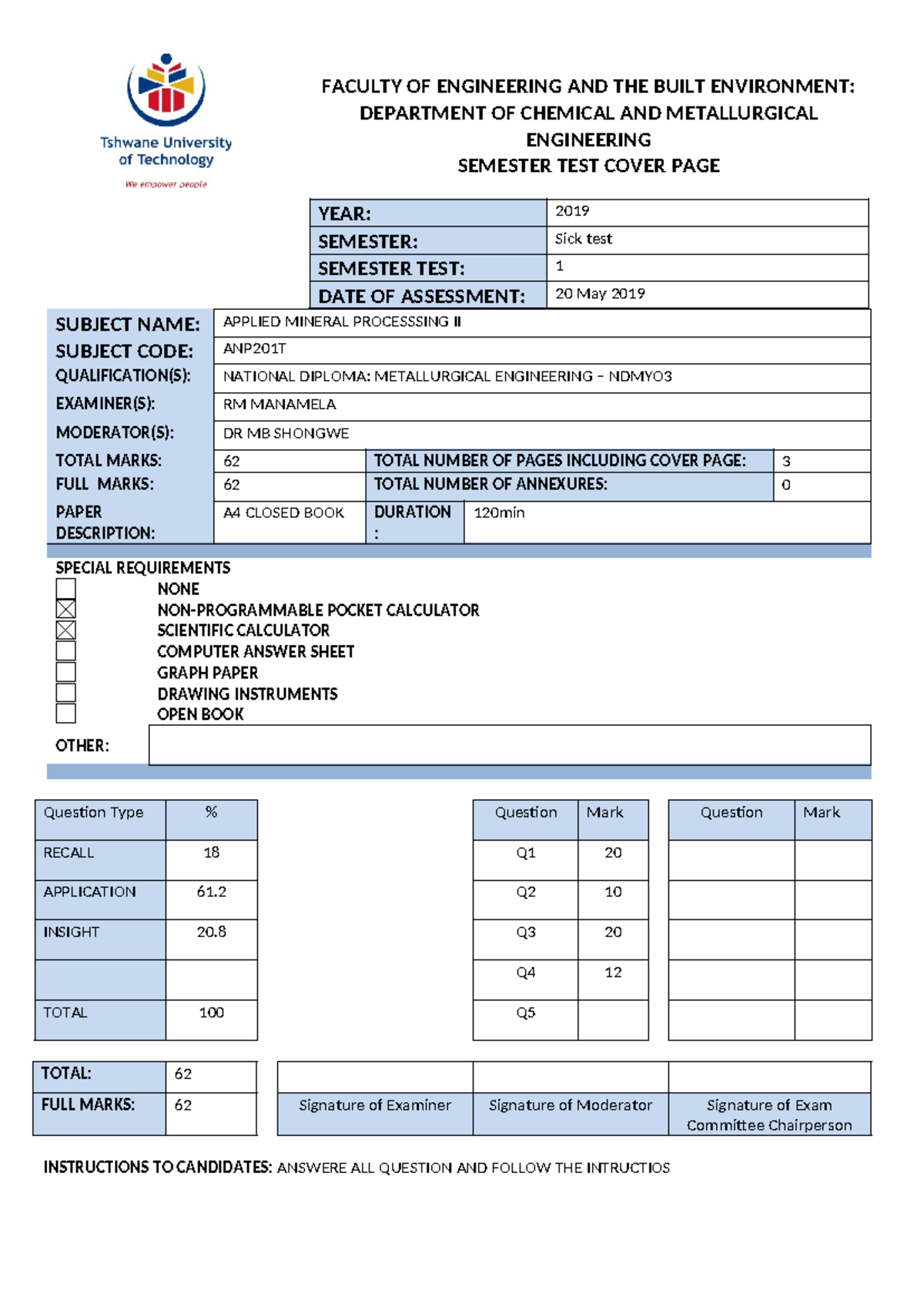 Semester TEST two ANP201T 2019 sick test - SUBJECT NAME: APPLIED ...