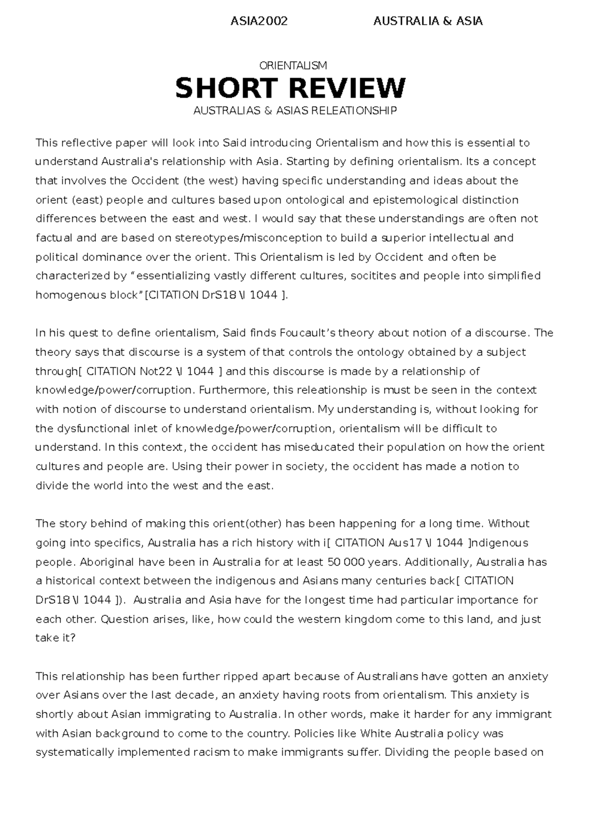 Short review Essay - ASIA2002 AUSTRALIA & ASIA ORIENTALISM SHORT REVIEW ...
