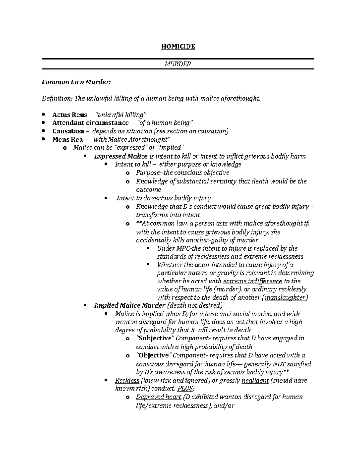Homicide - HOMICIDE MURDER Common Law Murder: Definition: The unlawful ...