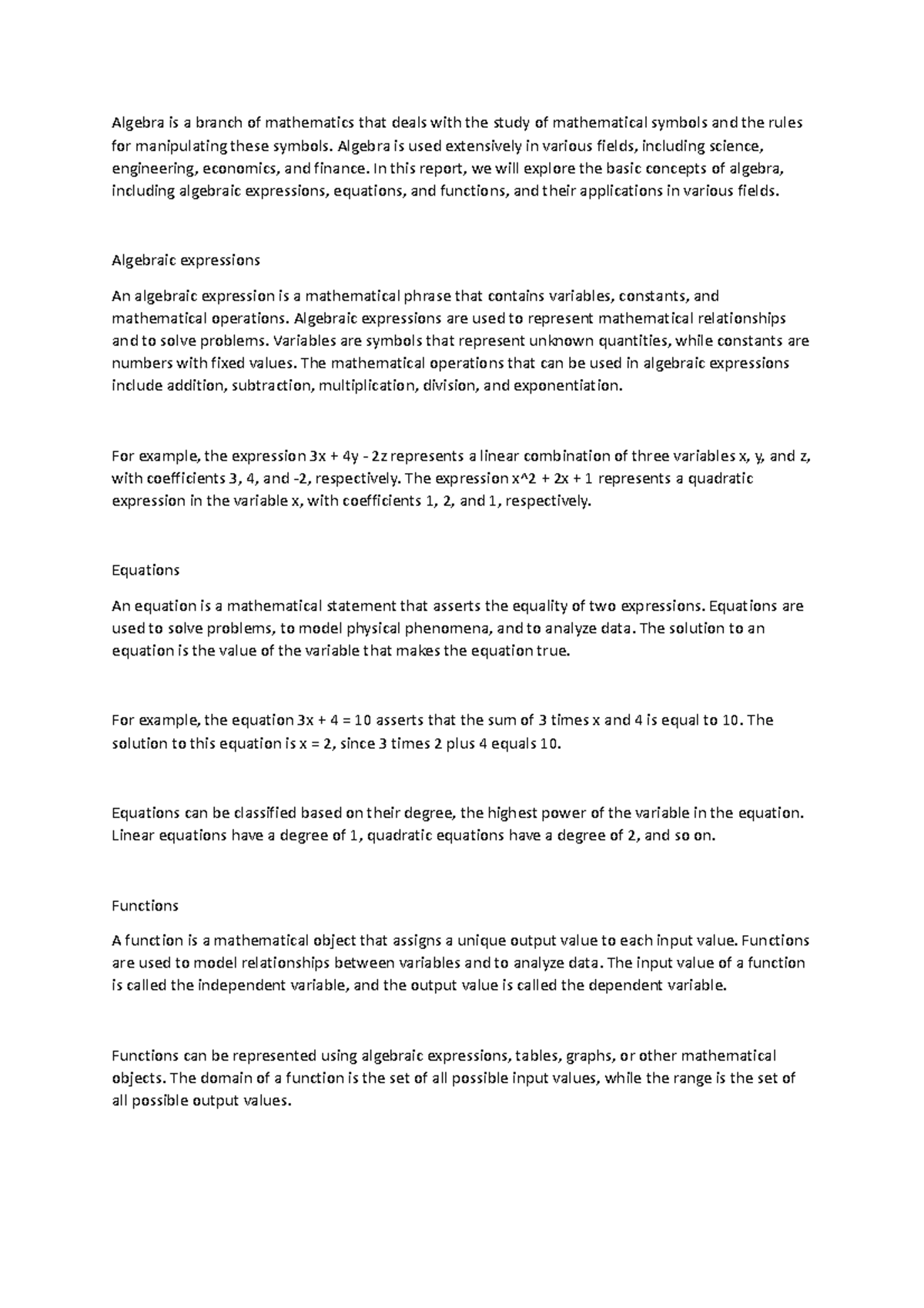 2 - Algebra essay - Algebra is a branch of mathema琀椀cs that deals with ...