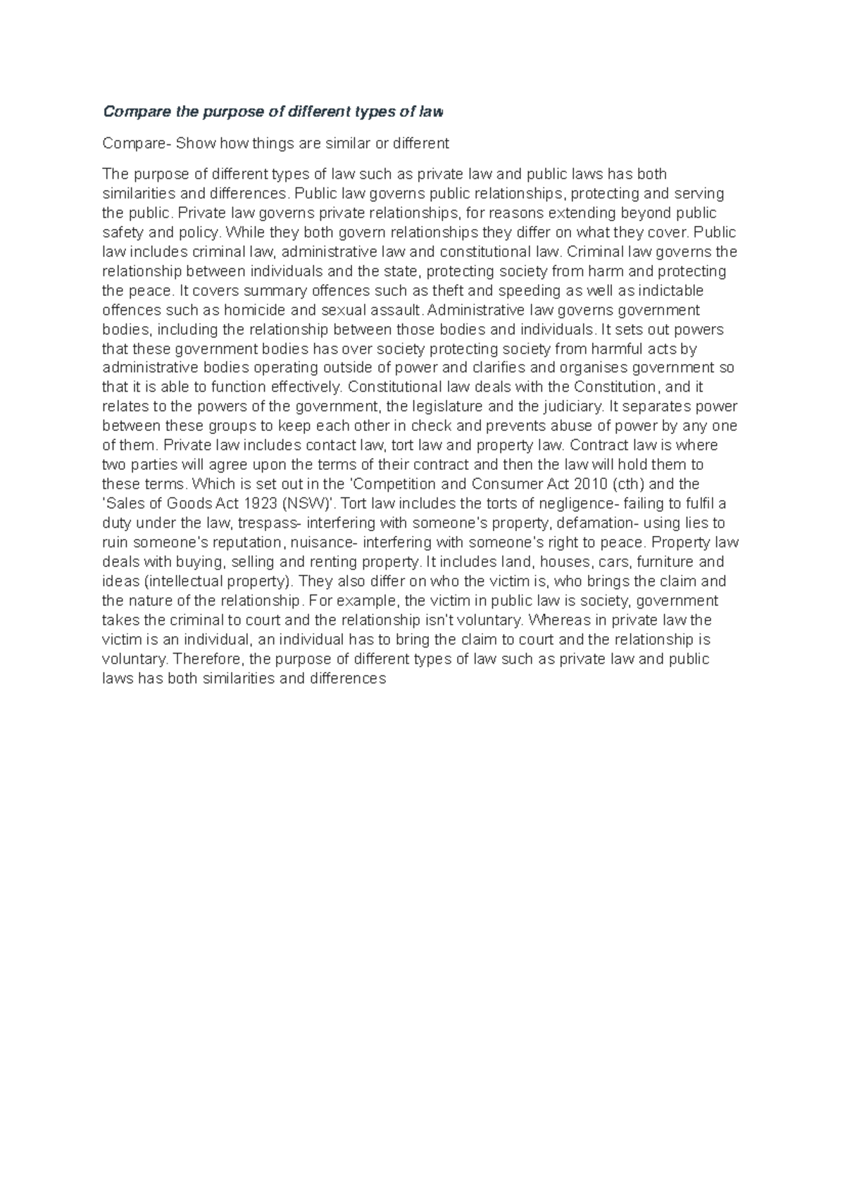 Compare the purpose of different types of law - Public law governs ...