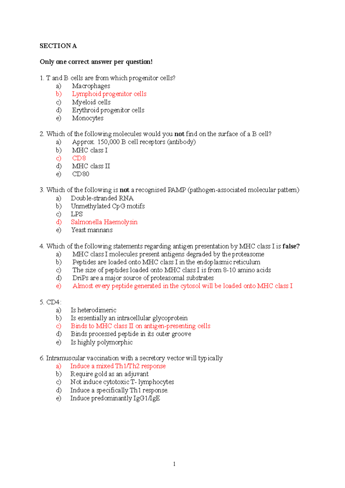 Sample/practice exam 2013, questions and answers - SECTION A Only one ...