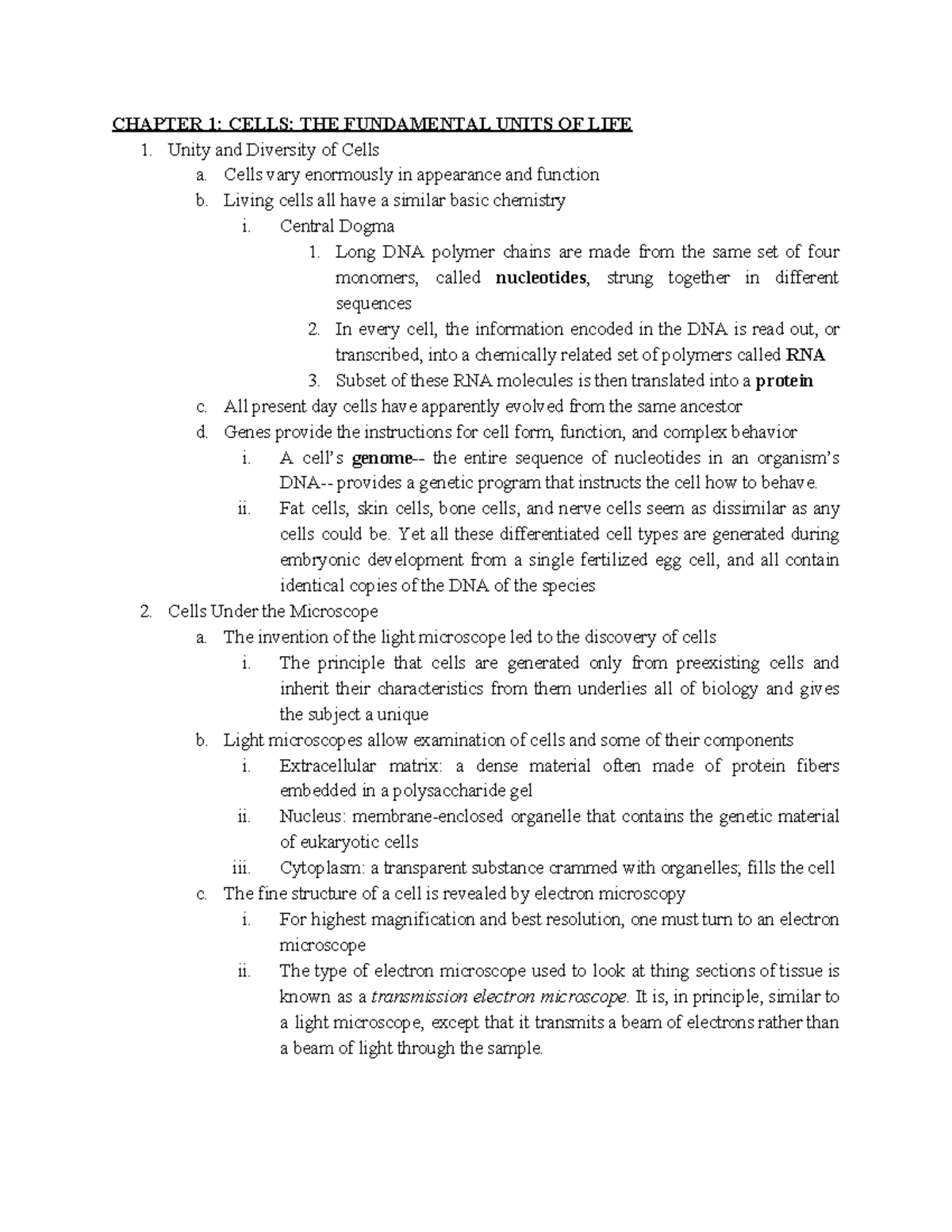 Bio Chapter 1 Notes - CHAPTER 1: CELLS: THE FUNDAMENTAL UNITS OF LIFE ...