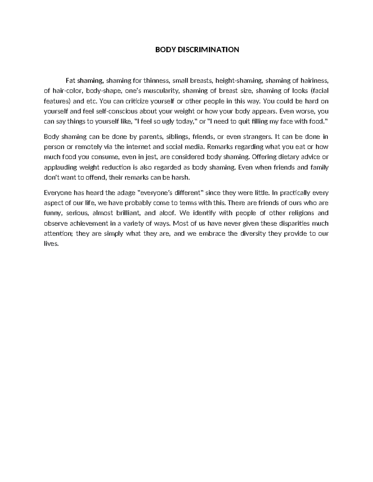 Body discrim-eng 10 - Body discrim-eng 10 essay - BODY DISCRIMINATION ...