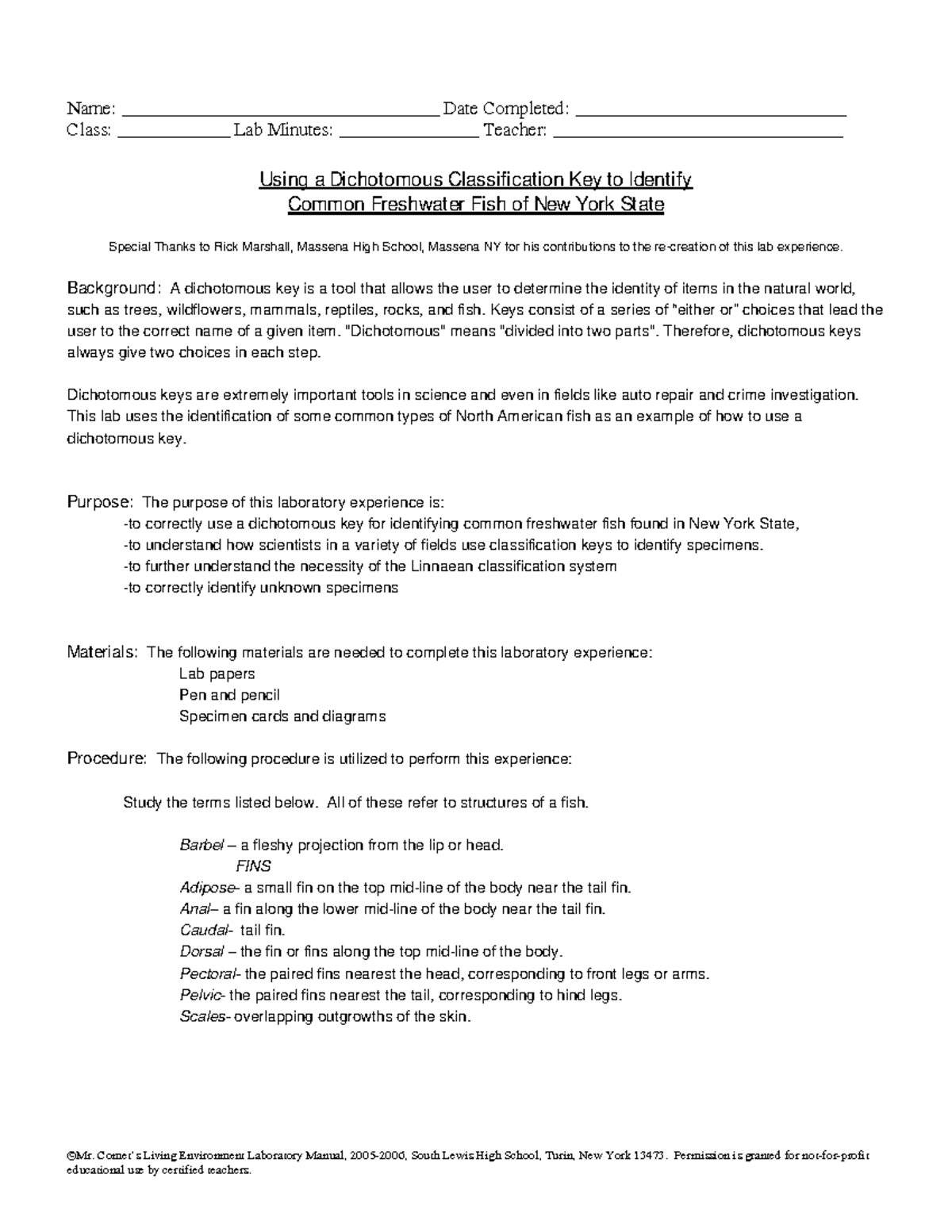 Dichotomous Key NYFish - ©Mr. Comet’s Living Environment Laboratory ...