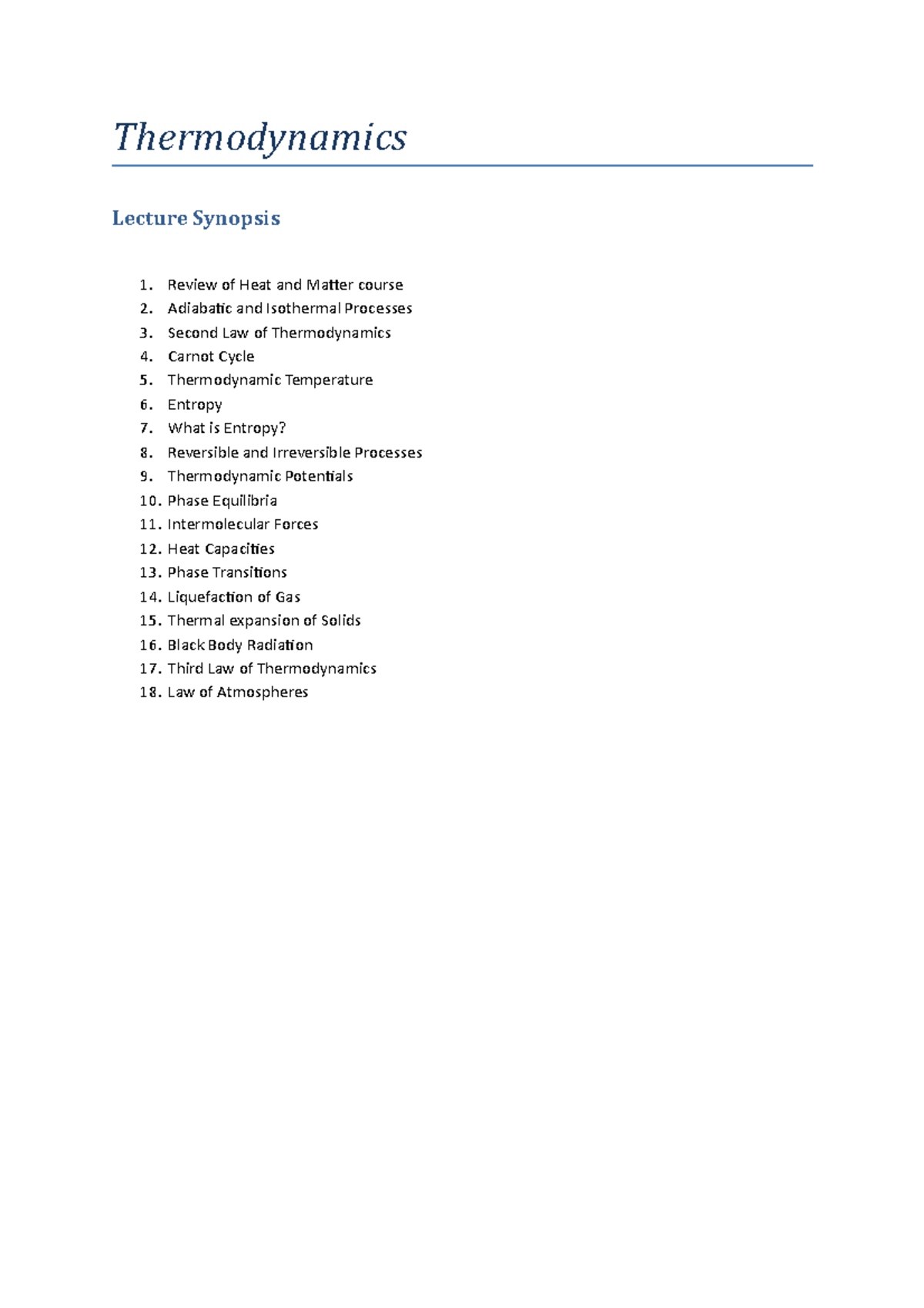 Thermodynamics - Lecture notes 1-6 - Thermodynamics Lecture Synopsis 1 ...