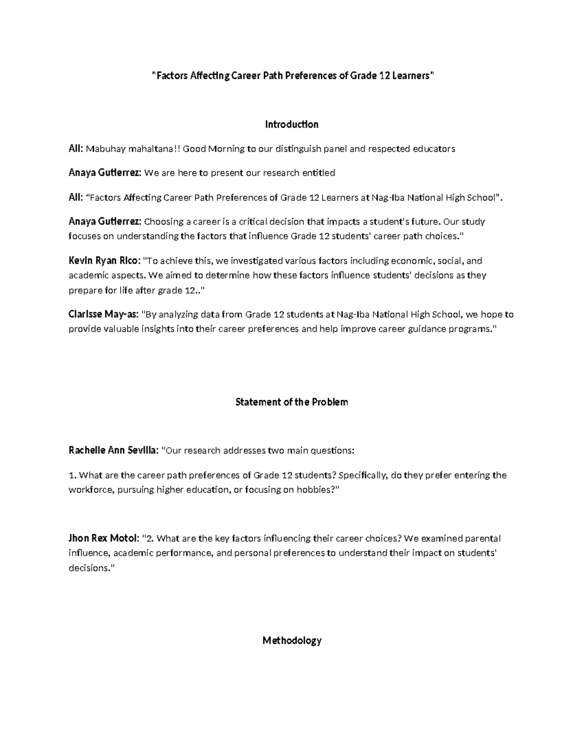 Research Script - Using this as reference - "Factors Affecting Career ...