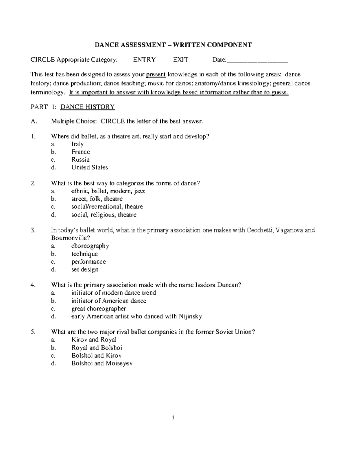 Danceexam - Physical Education - DANCE ASSESSMENT – WRITTEN COMPONENT ...