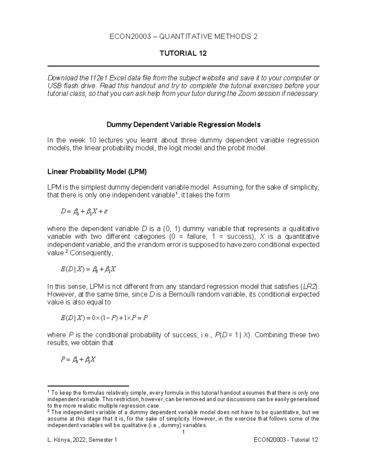 Tutorial 12 - 1 ECON20003 – QUANTITATIVE METHODS 2 TUTORIAL 12 Download ...