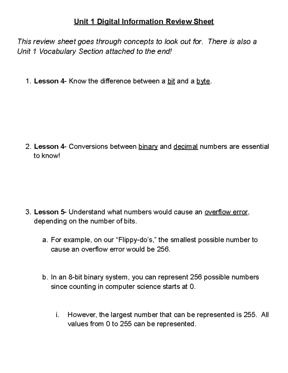 Review Sheet (18) - Unit 1 Digital Information Review Sheet This review ...