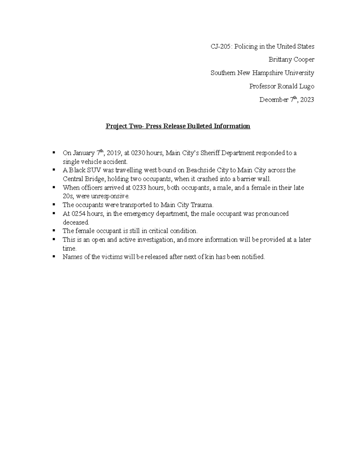 CJ-205 Project Two Press Release - CJ-205: Policing in the United ...