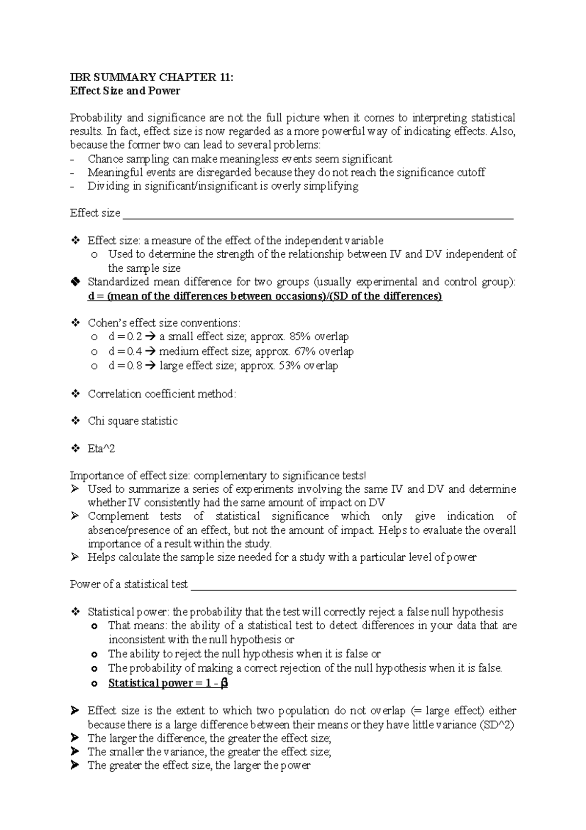 IBR Literature Summary Chapter 11 - IBR SUMMARY CHAPTER 11: Effect Size and Power Probability ...