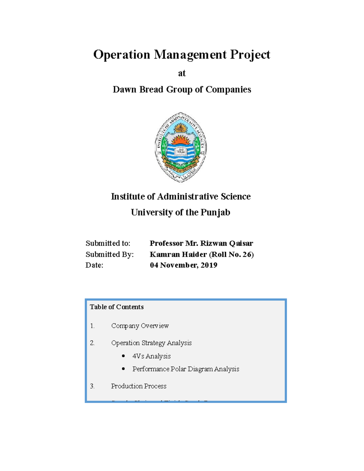 Operation Management Project - Operation Management Project at Dawn ...