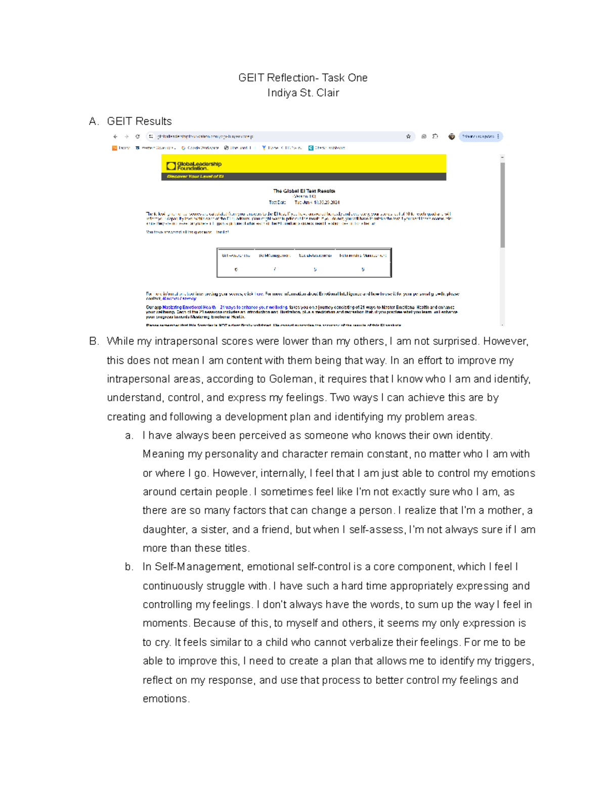 GEIT Reflection- Task One - GEIT Reflection- Task One Indiya St. Clair A. GEIT Results B. While ...