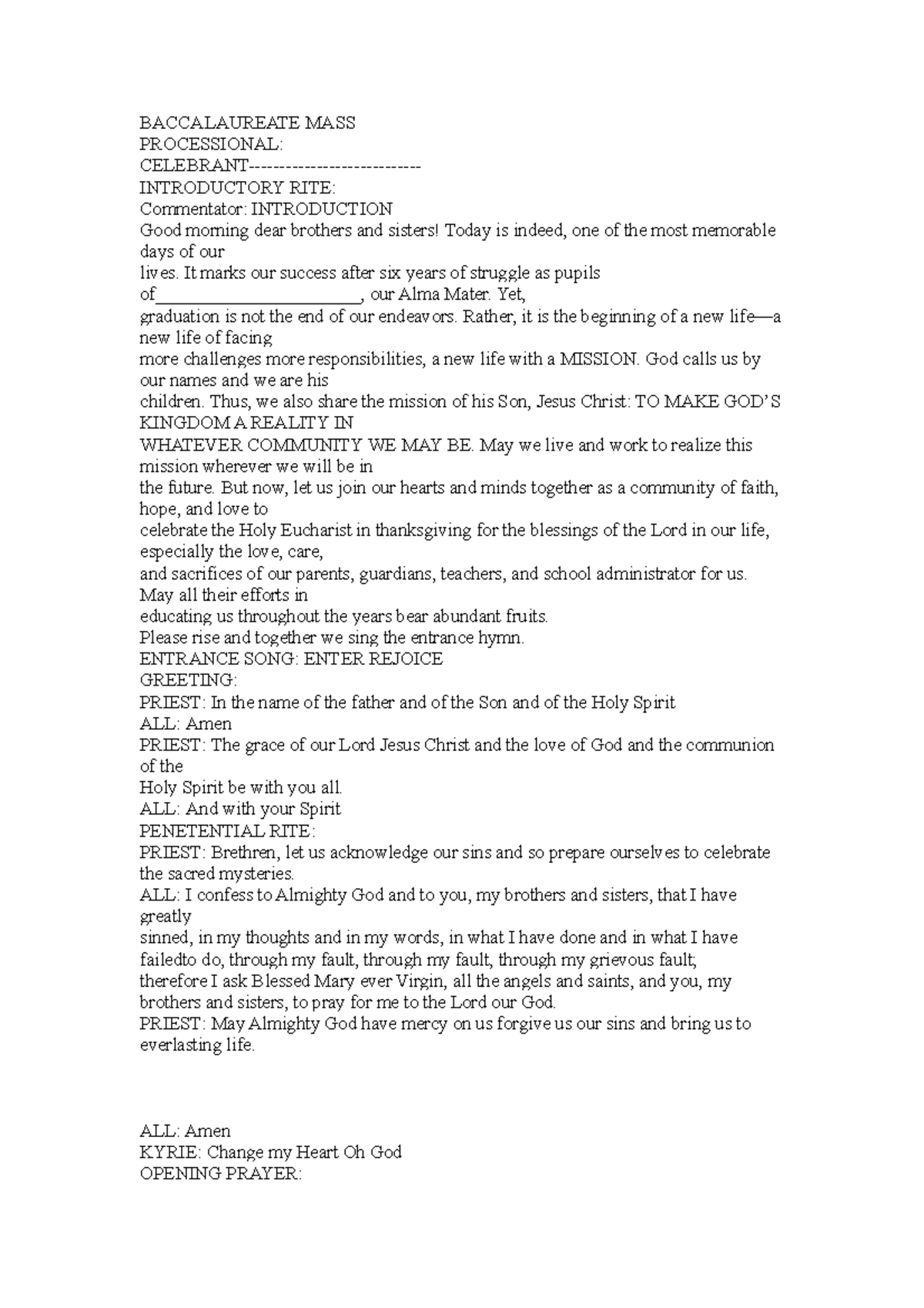 Baccalaureate MASS - mass program - BACCALAUREATE MASS PROCESSIONAL ...