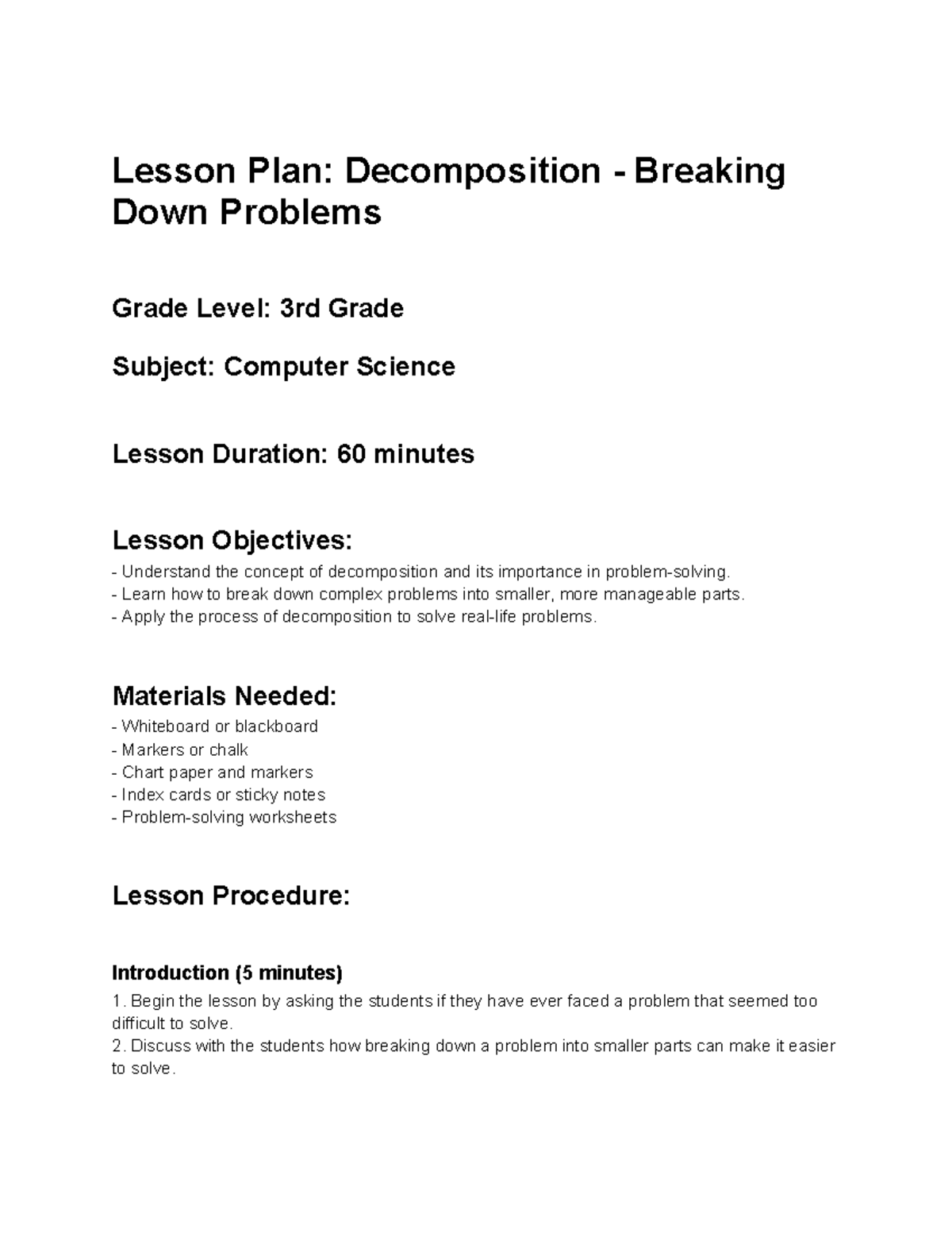 GR3 - Lesson Plan Decomposition - Breaking Down Problems - Lesson Plan ...