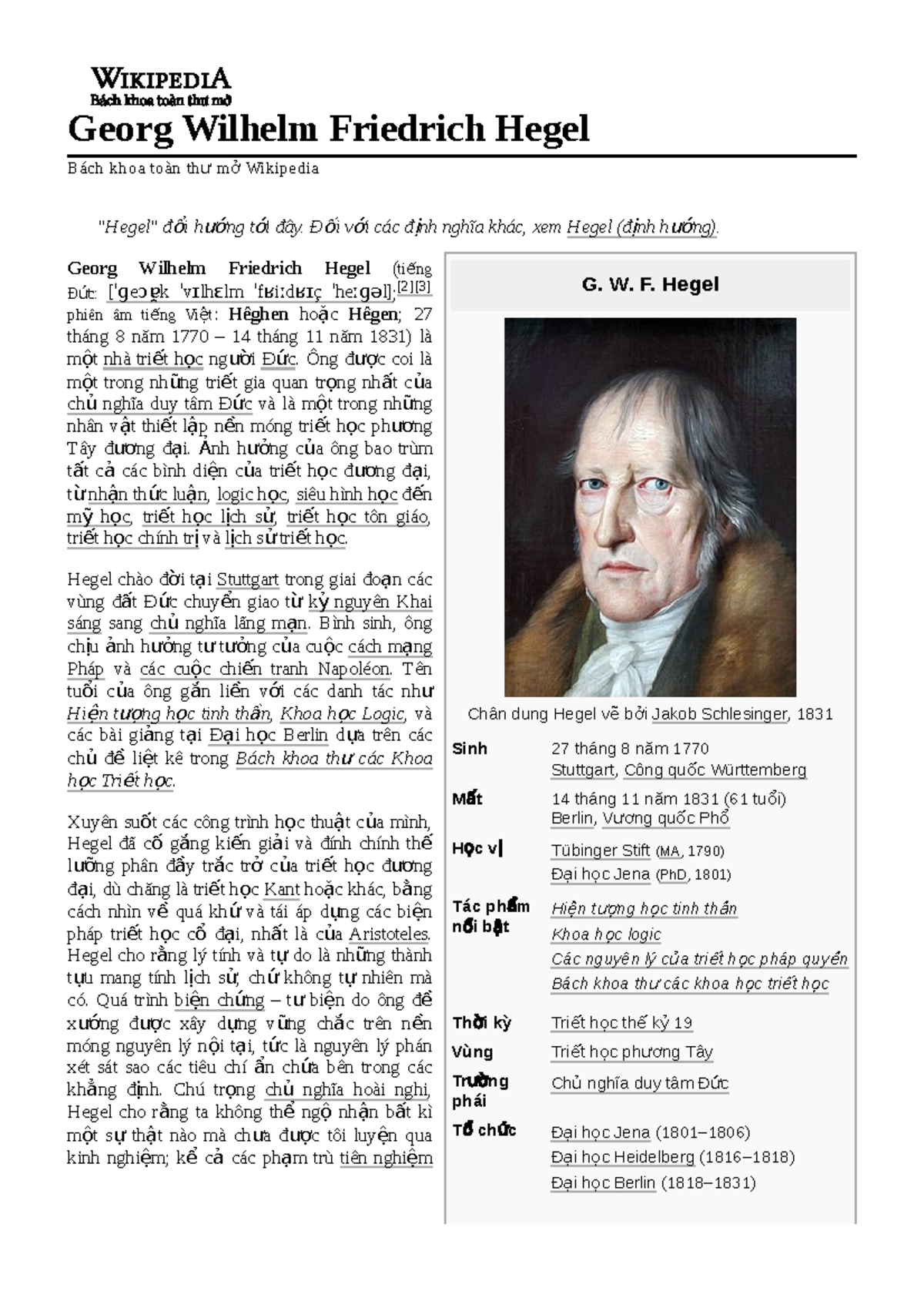 Georg Wilhelm Friedrich Hegel - G. W. F. Hegel Chân dung Hegel vẽ bởi ...