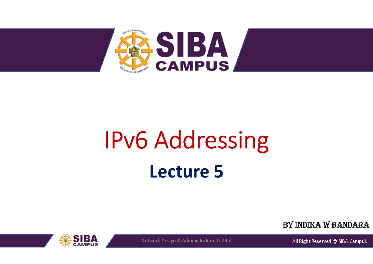 Lecture 05 IPv6 Addressing - IPv 6 Addressing Lecture 5 By IndIka W Bandara Network Design ...