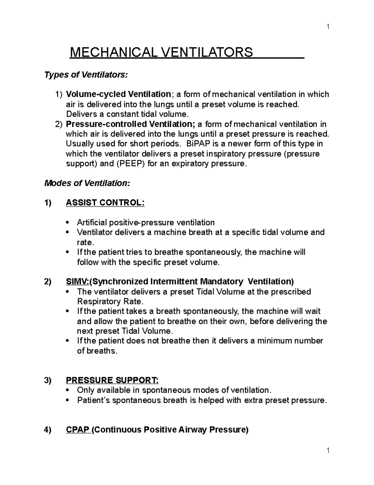 NUR 202 Ventilator Handout - MECHANICAL VENTILATORS Types of ...