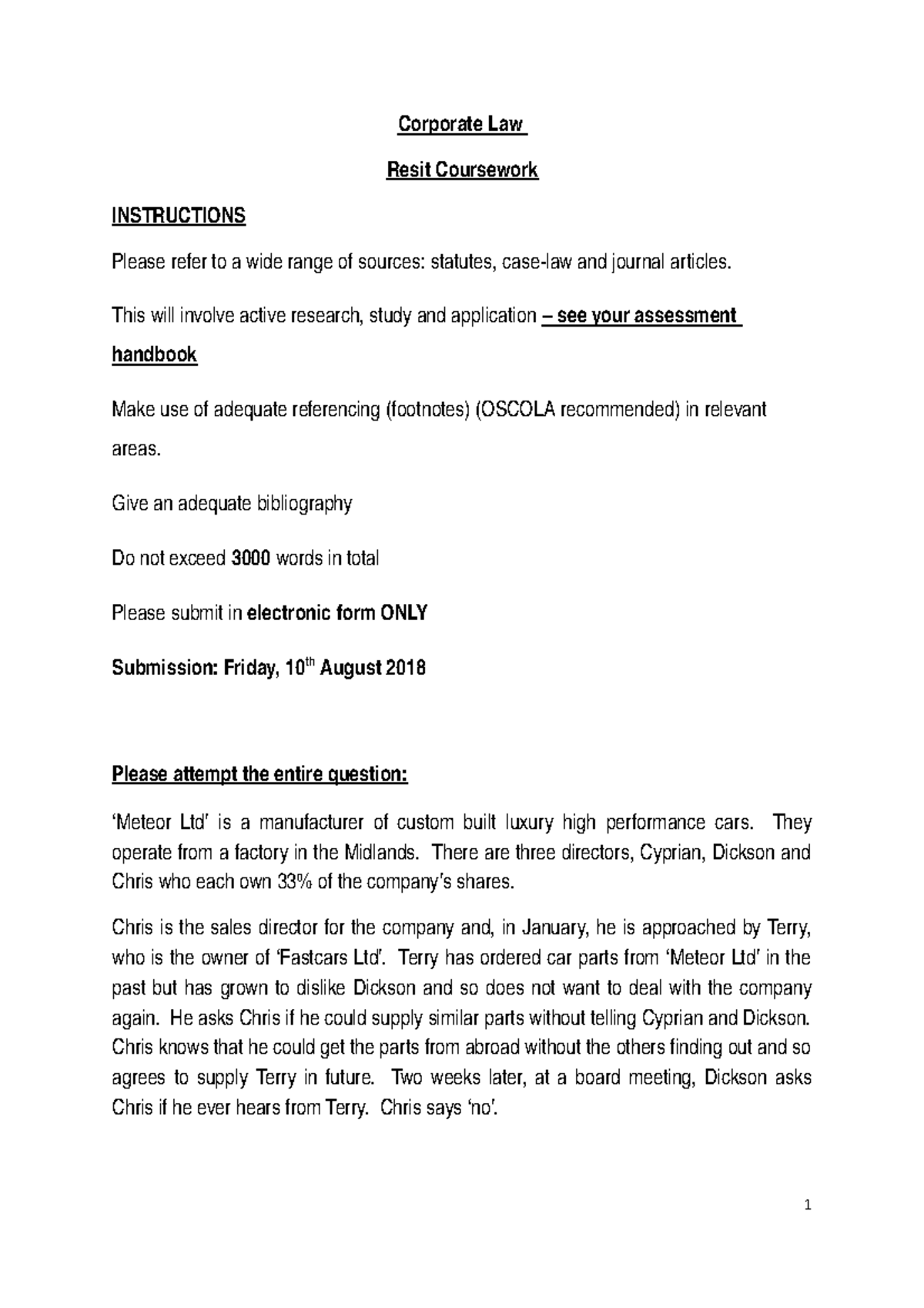 Exam 2018, questions - Corporate Law Resit Coursework INSTRUCTIONS ...