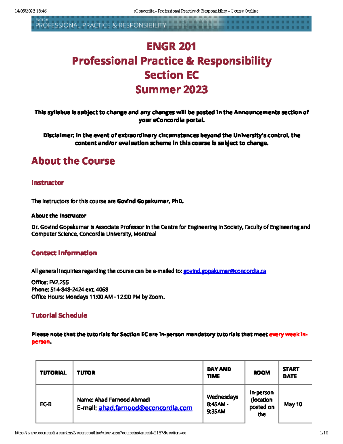 Outline 201 - ENGR 201 Professional Practice & Responsibility Section ...