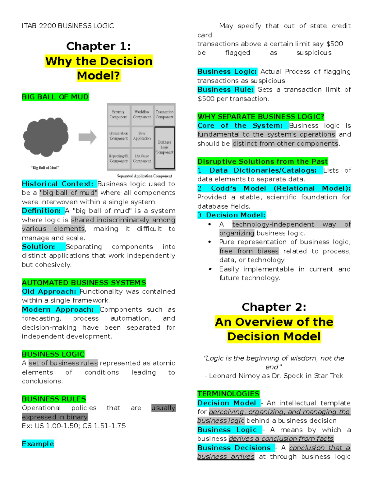Module 1 Decision Model - ITAB 2200 BUSINESS LOGIC Chapter 1: Why the ...