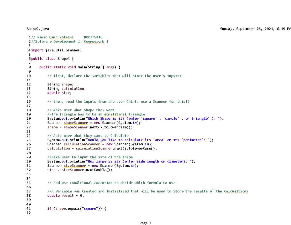 Coursework Software Development 1, Coursework 1 - Shape4 Sunday, September 26, 2021, 8:19 PM 1 ...