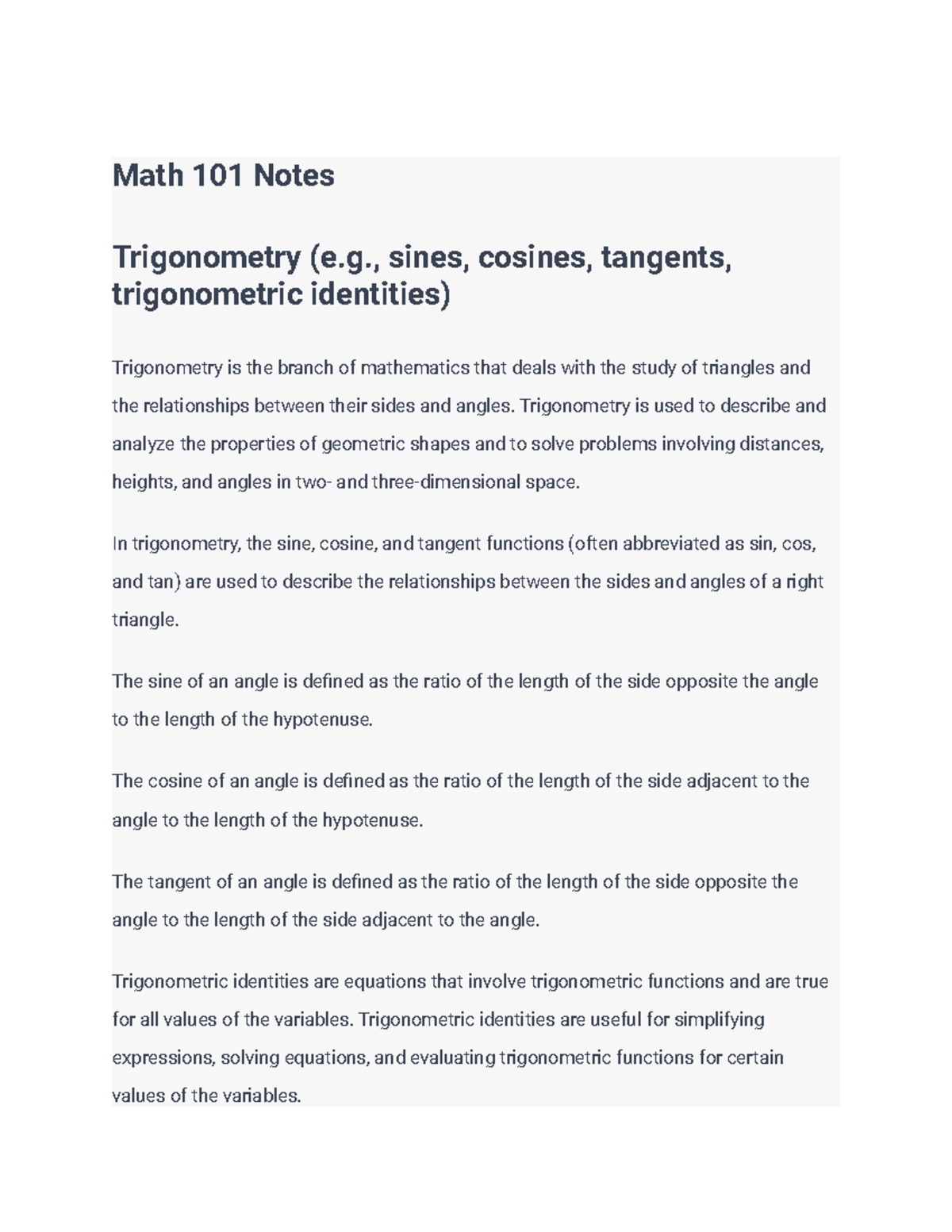 Math 101 Notes part 3 - Math 101 Notes Trigonometry (e., sines, cosines ...