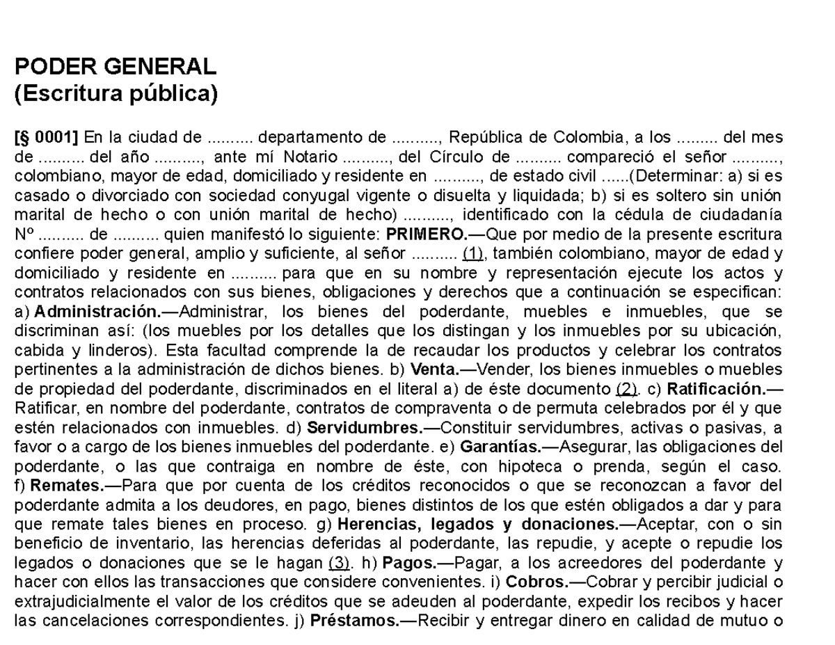 Poder General - PODER GENERAL (Escritura pública) [§ 0001] En la ciudad ...
