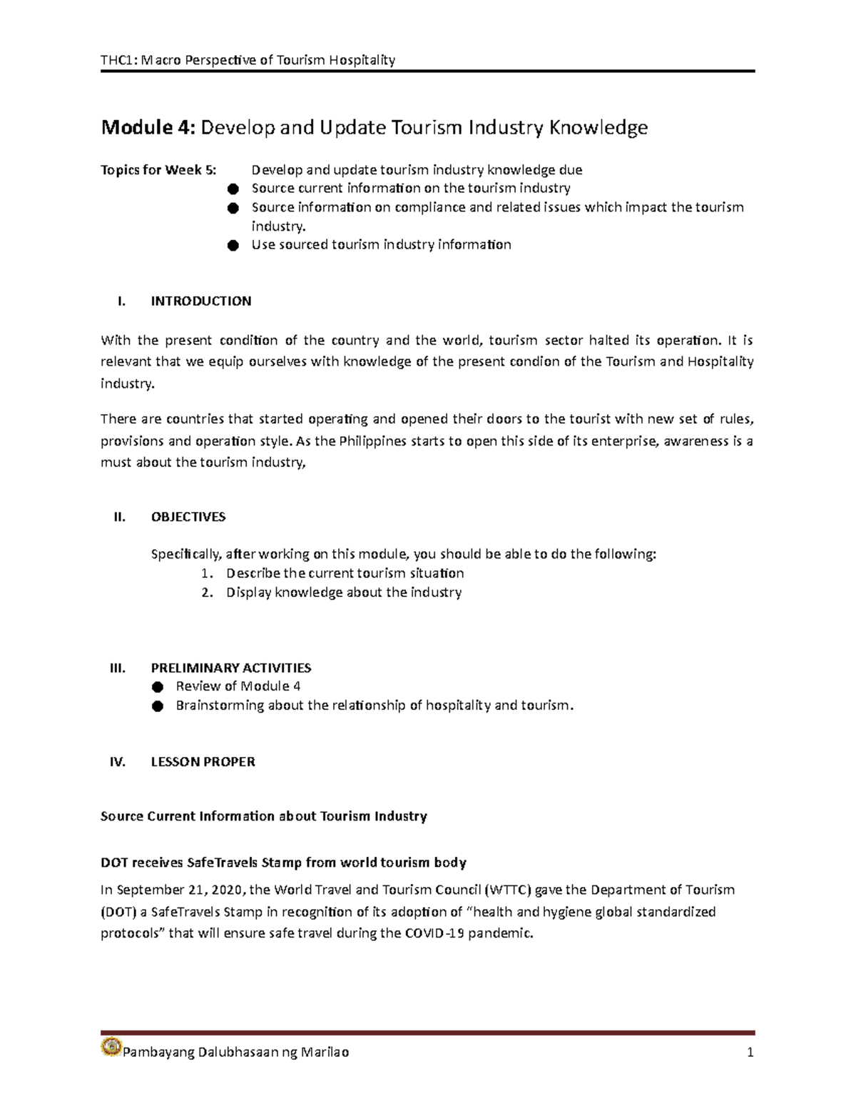 Macro Perspective of Tourism and Hospitality Module 4 - Module 4 ...