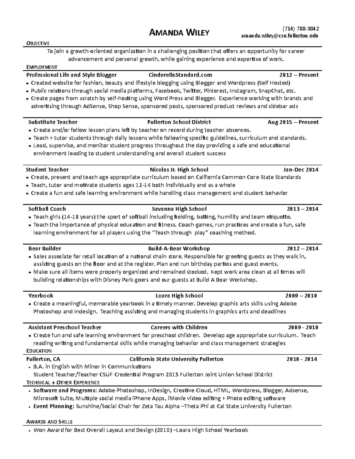 Resume - yes - AMANDA WILEY (714) 788- amanda@csu.fullerton OBJECTIVE ...