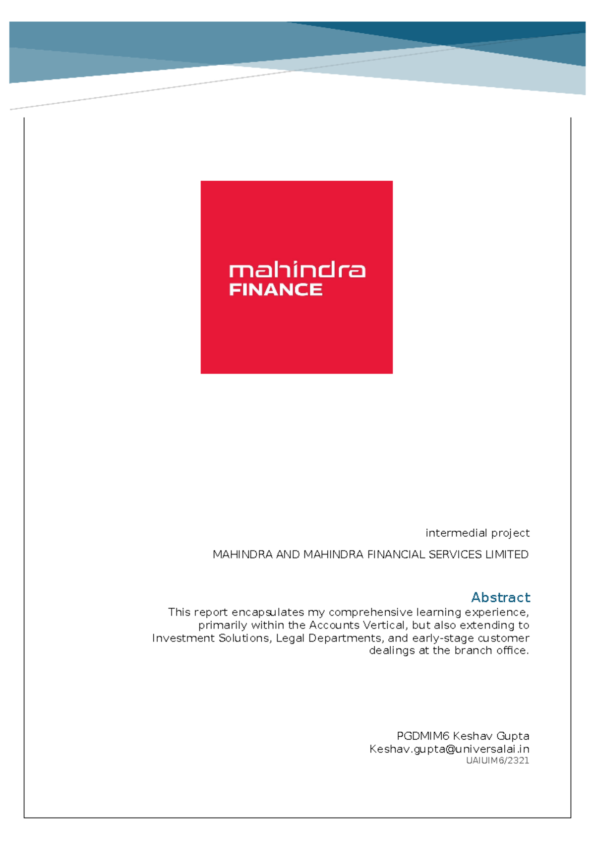 Intermedial Report Mmfsl - intermedial project MAHINDRA AND MAHINDRA ...