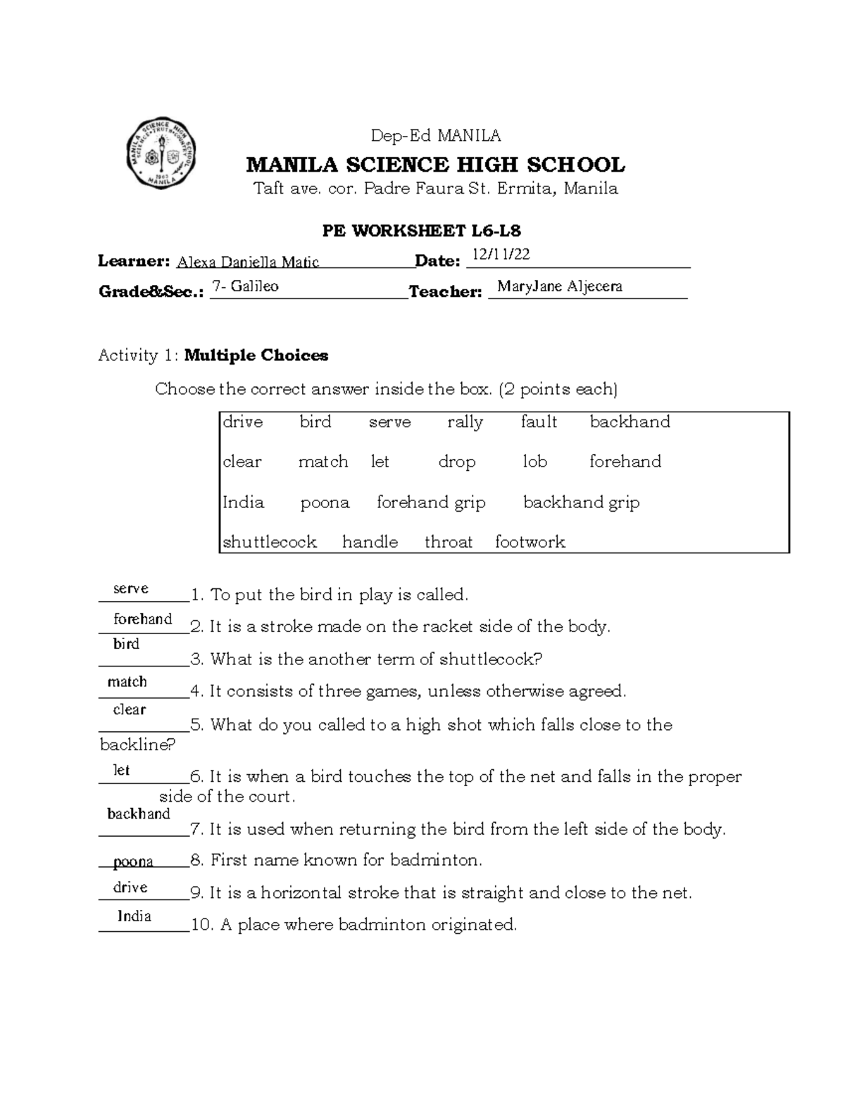 Alexa Daniella Matic - Q2 PE Worksheet - Dep-Ed MANILA MANILA SCIENCE ...