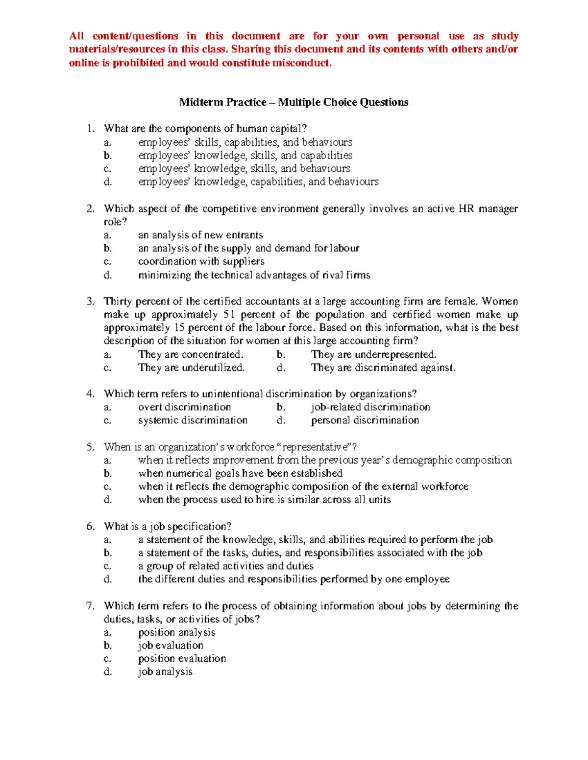 Midterm Practice Question Set - All content/questions in this document are for your own personal ...