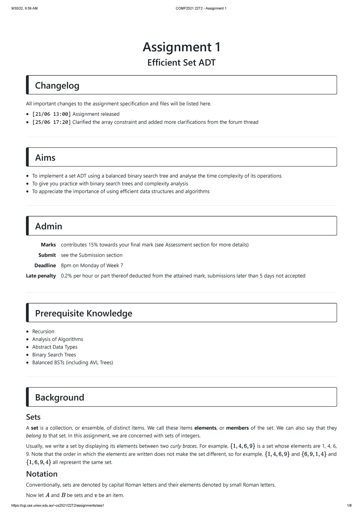 COMP2521 22T2 - Assignment 1 - Assignment 1 Efficient Set ADT Changelog ...