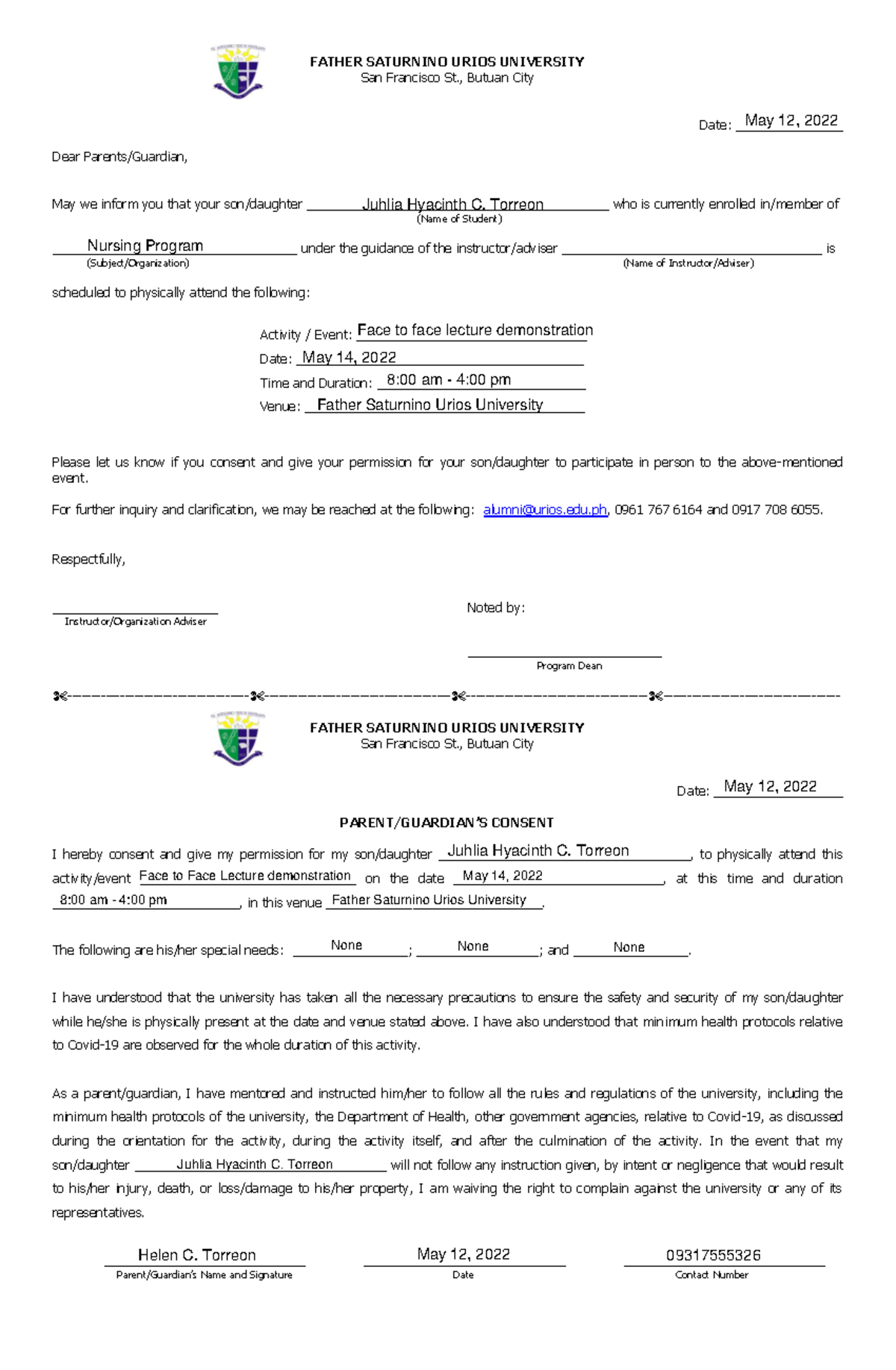 FSUU-Parents-Consent-new-normal-1 - FATHER SATURNINO URIOS UNIVERSITY ...