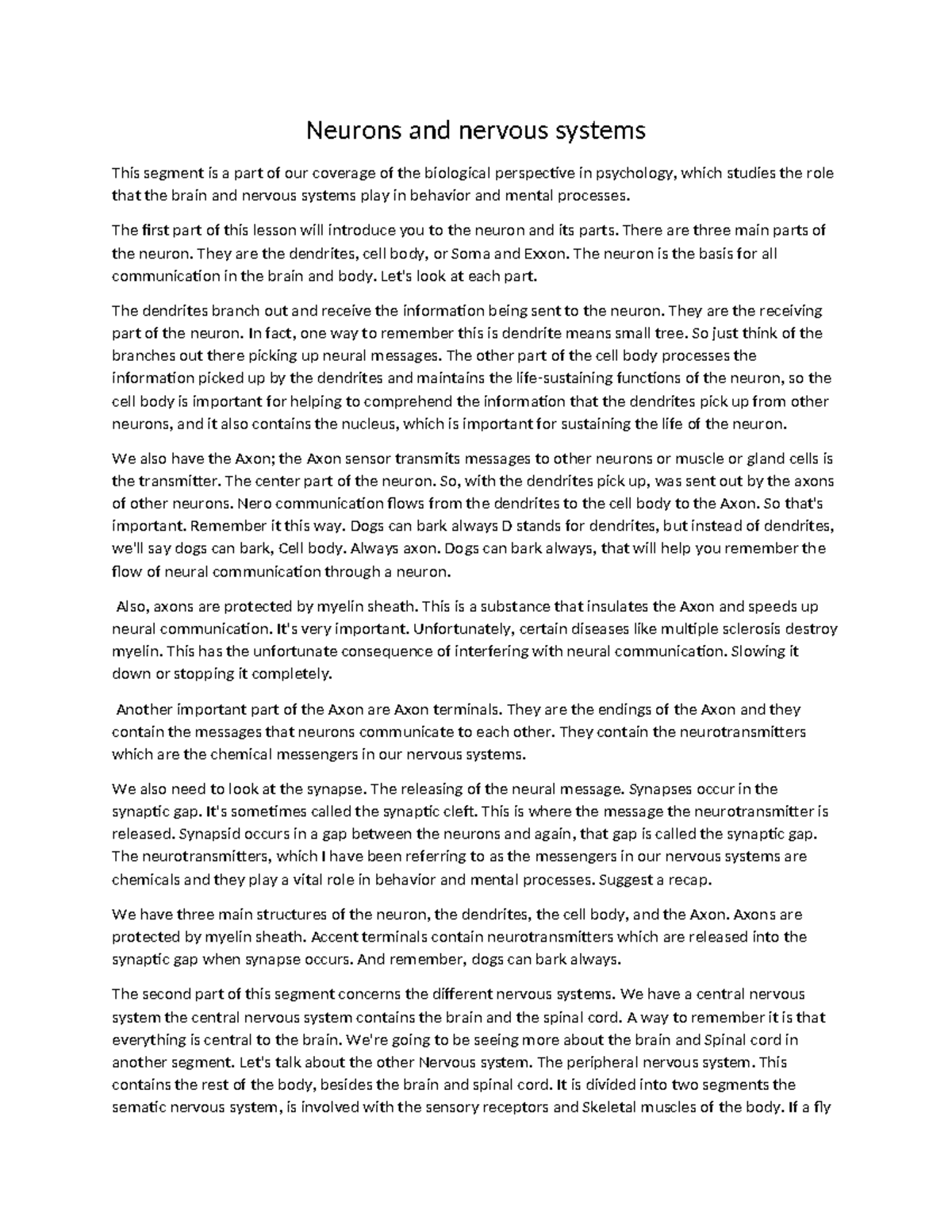 Neurons and nervous systems - The first part of this lesson will ...