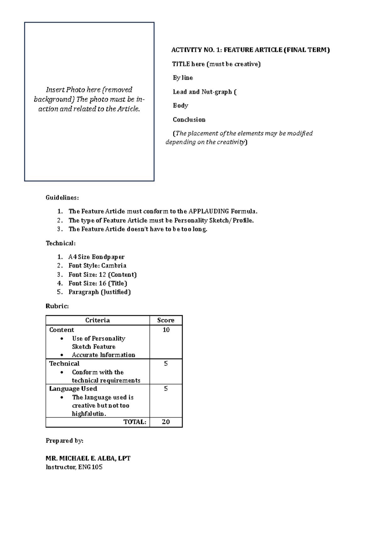 Feature Article Format AND Rubric - ACTIVITY NO. 1: FEATURE ARTICLE ...