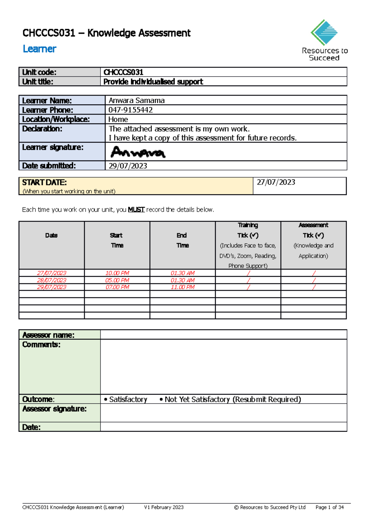 Chcccs 031 - Knowledge Done - CHCCCS 031 – Knowledge Assessment Learner Unit code: CHCCCS 031 ...