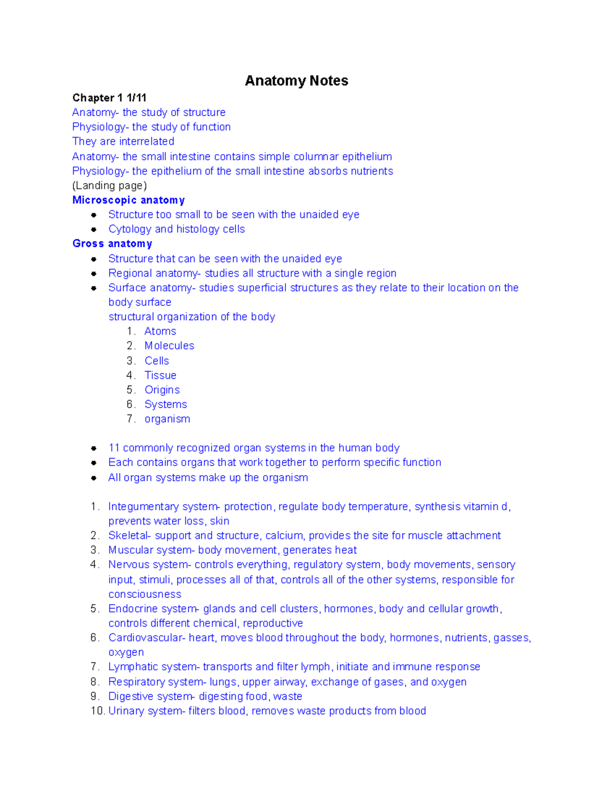 Anantomy notes 1-5 - Anatomy Notes Chapter 1 1/ Anatomy- the study of ...