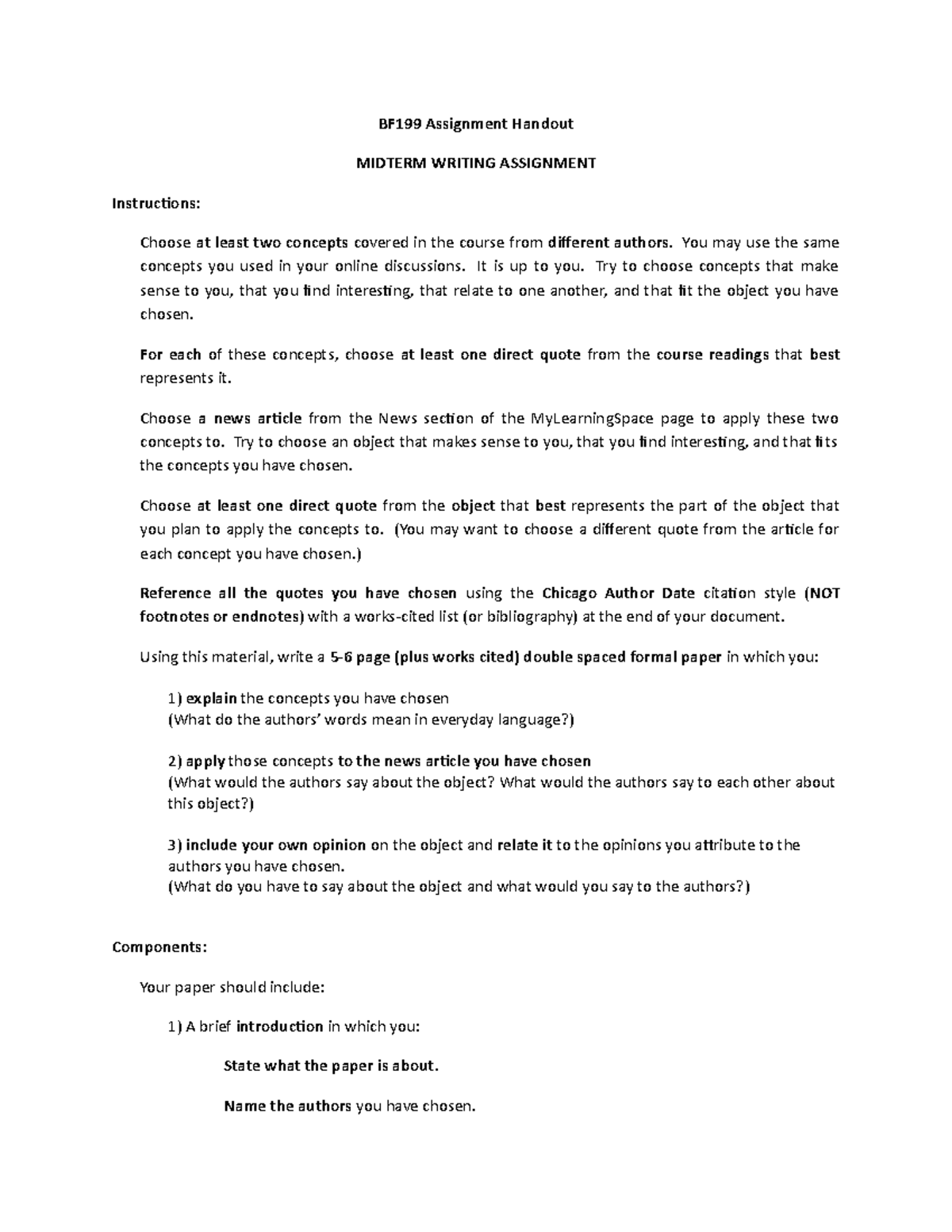 BF199 Assignment Handout - Midterm Writing Assignment - BF199 ...