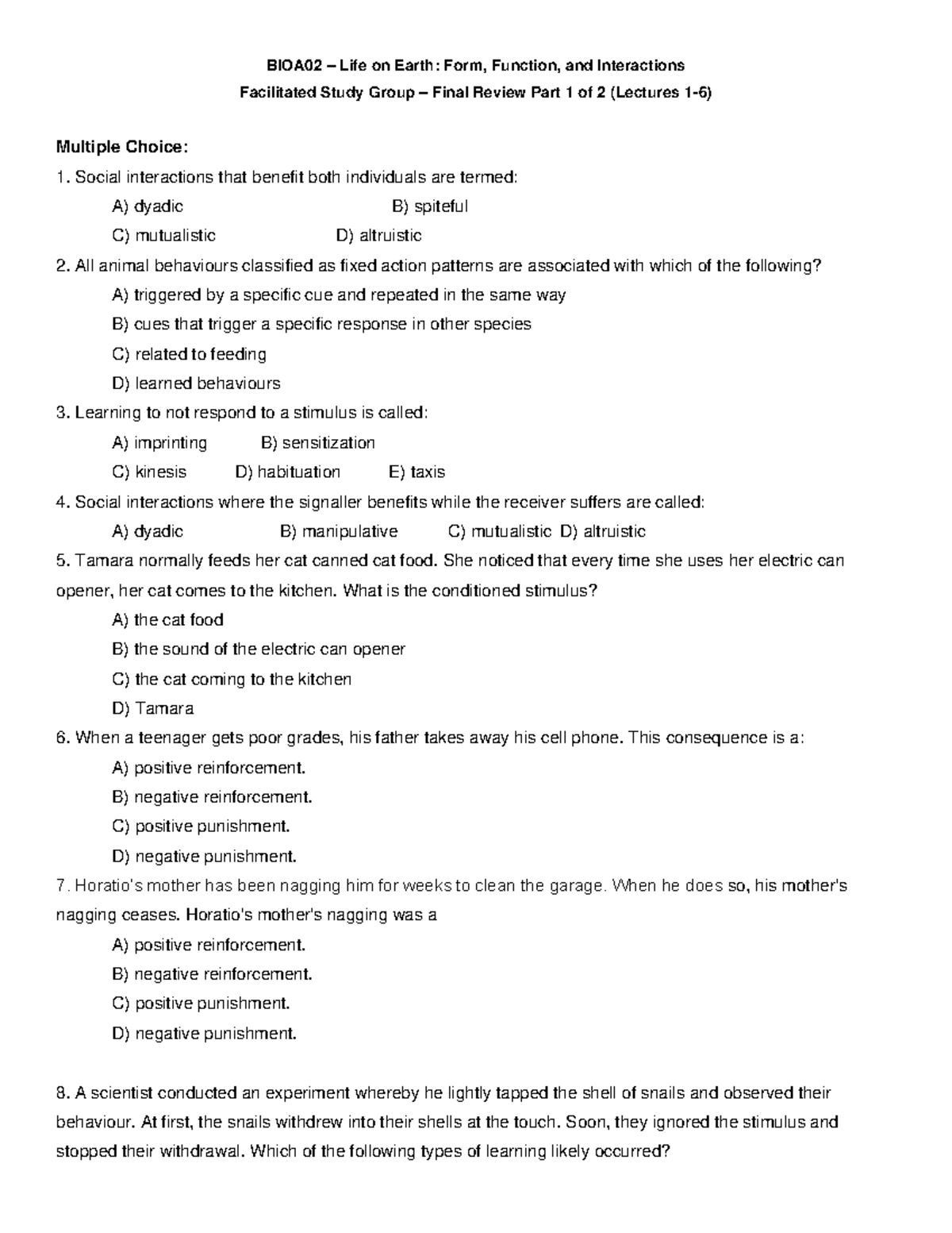Final Review Lec 1-5 Part 1 - BIOA02 – Life on Earth: Form, Function ...