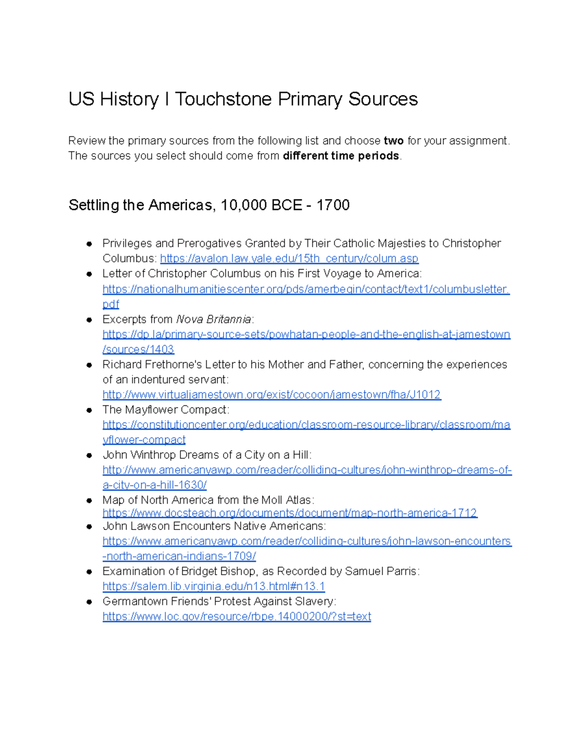 US History I Touchstone Primary Source List - US History I Touchstone ...