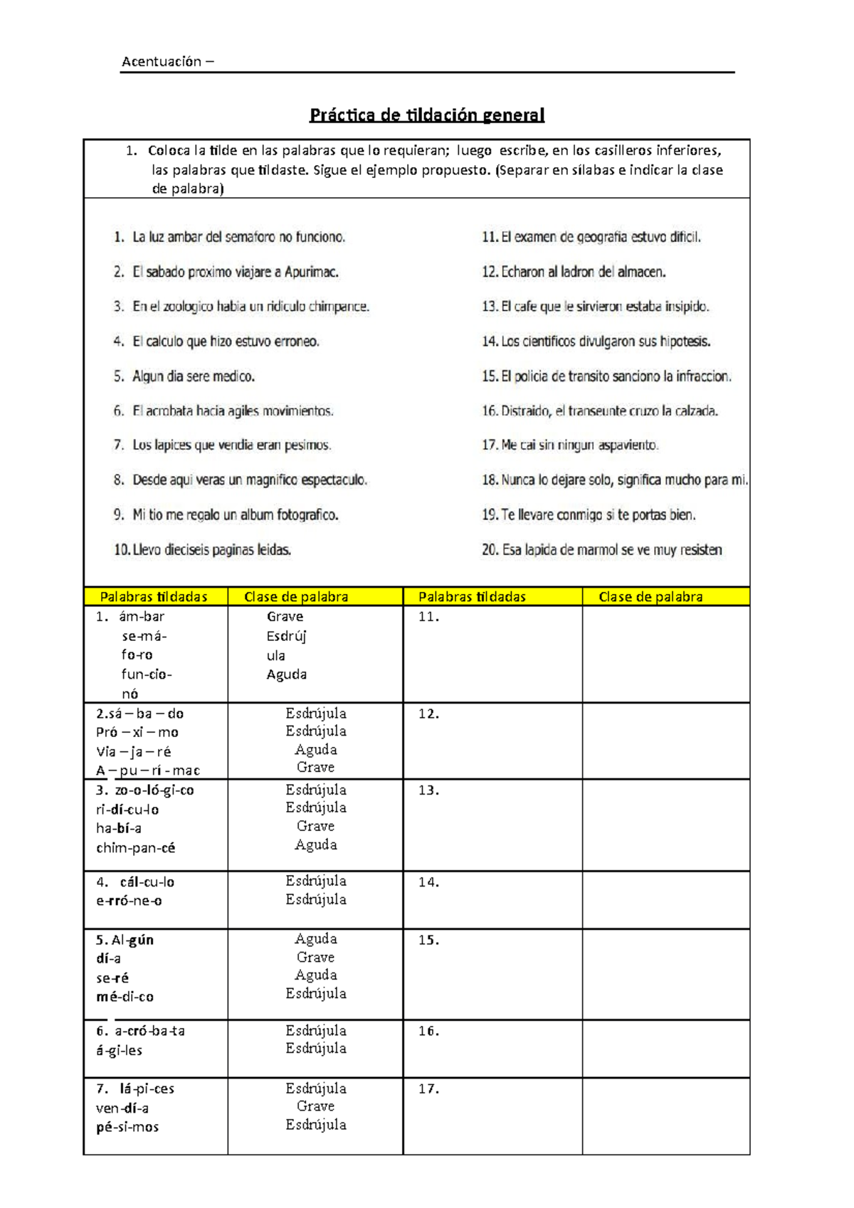 Práctica de tildación general - Acentuación – Práctica de tildación ...