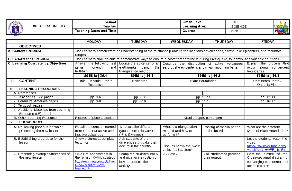 1ST Quarter - Lesson Plan - DAILY LESSON LOG School Grade Level 10 ...