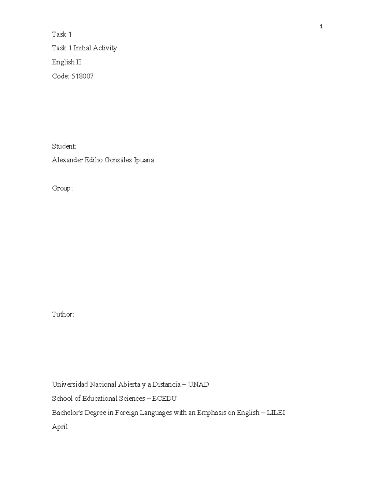 Task 1 Initial Activity - 1 Task 1 Task 1 Initial Activity English II ...