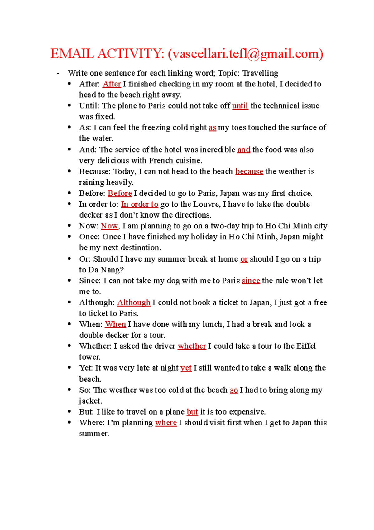 IELTS WRITING BAND 5. - EMAIL ACTIVITY: (vascellari@gmail) Write one ...