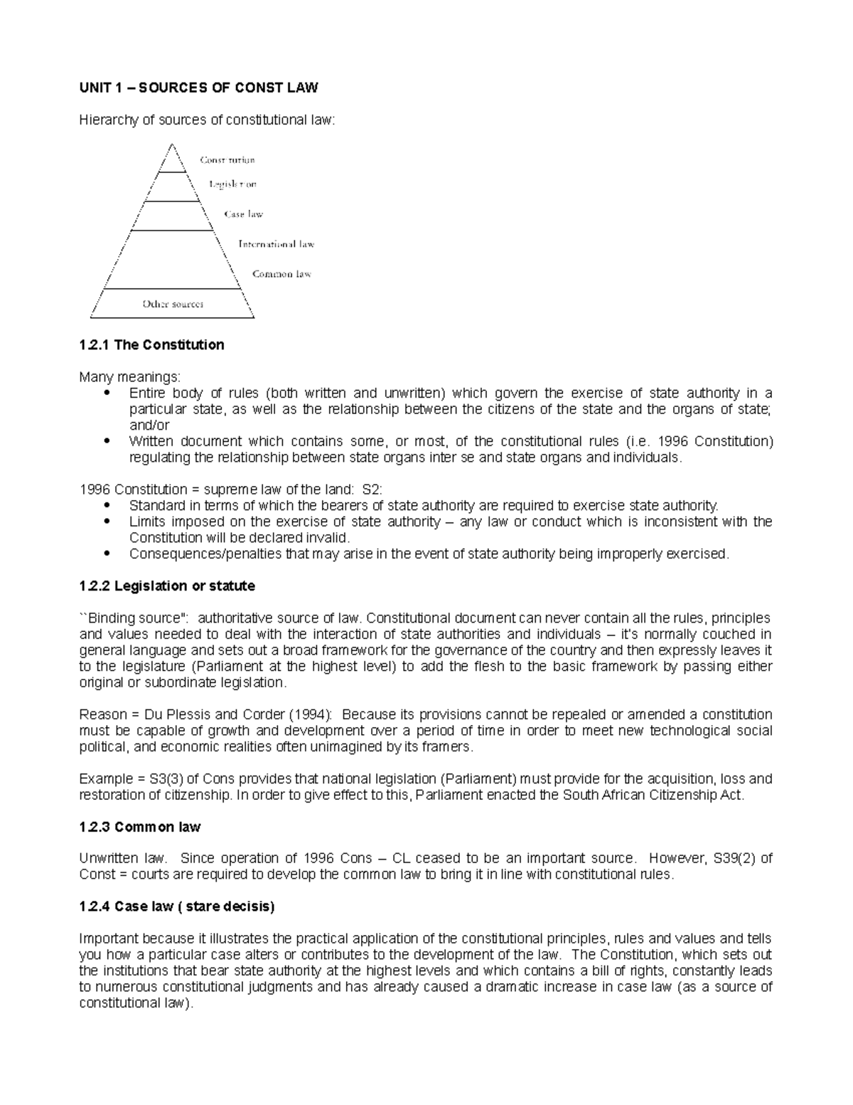 CSL2601 Summary with Case May June 2009 - UNIT 1 SOURCES OF CONST LAW ...