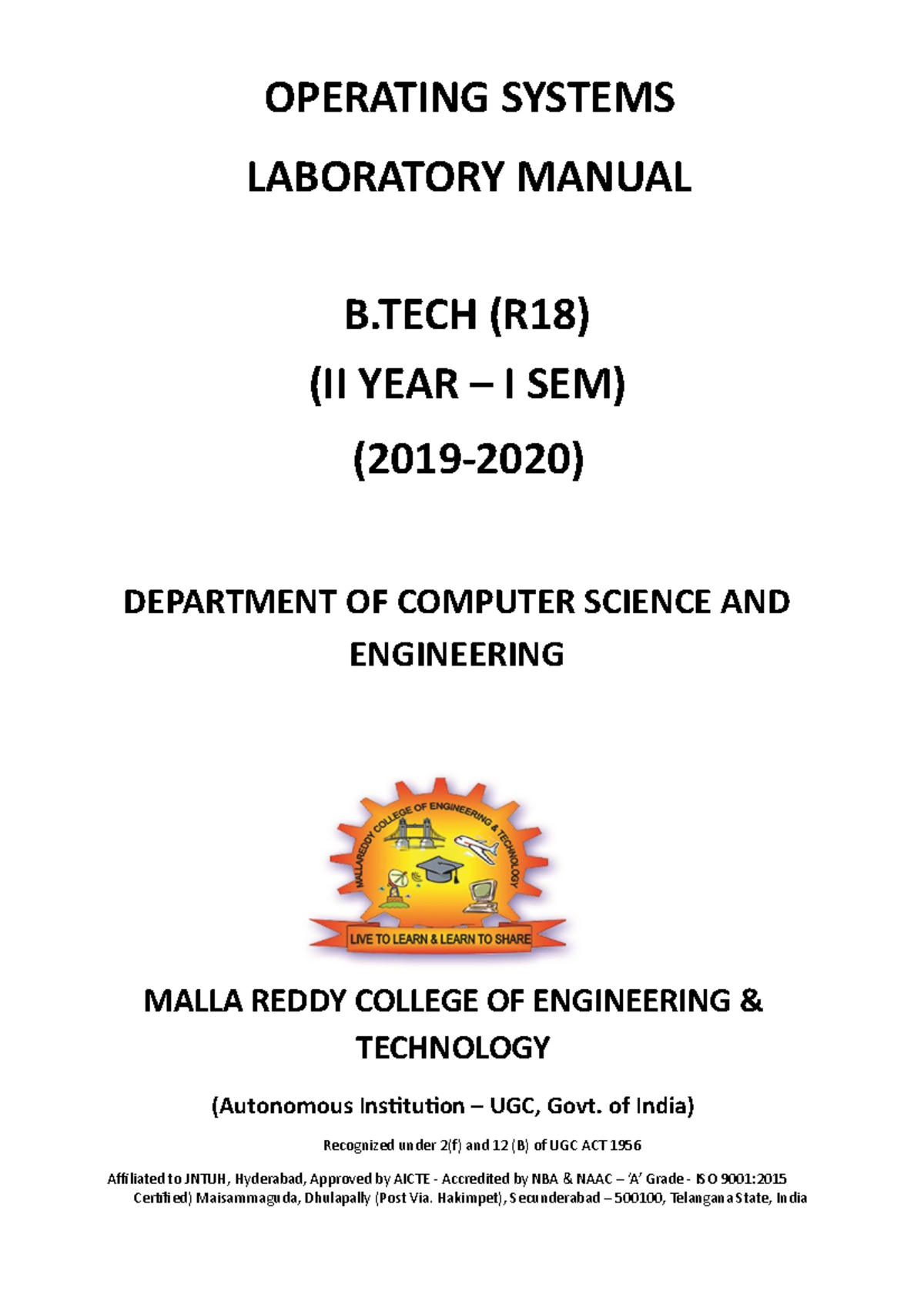 Operating Systems LAB(R18) - OPERATING SYSTEMS LABORATORY MANUAL B (R18) (II YEAR – I SEM) - Studocu