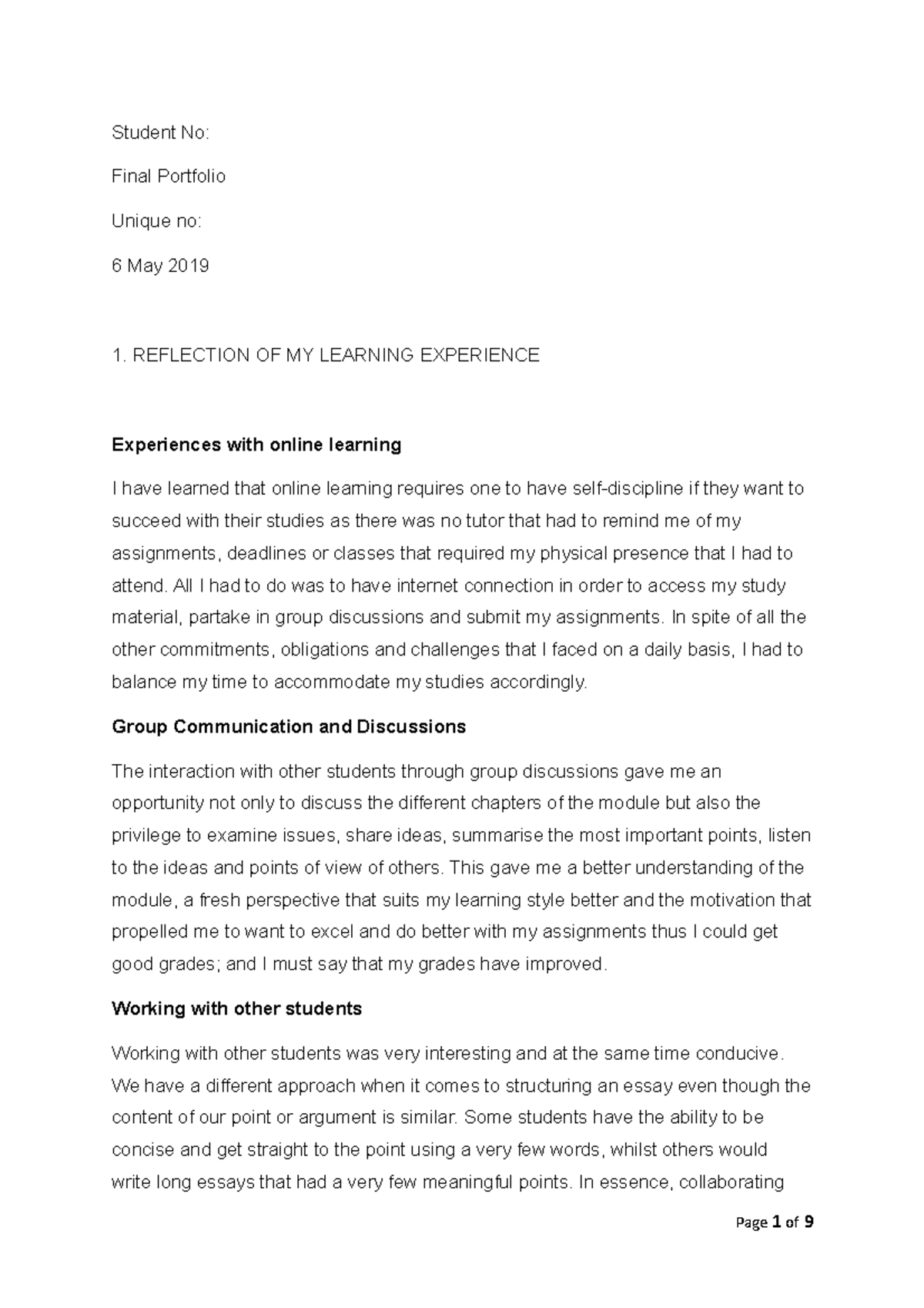 SJD Final Portfolio - Student No: Final Portfolio Unique no: 6 May 2019 ...